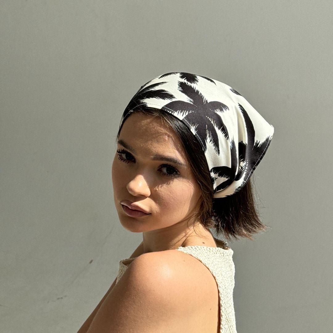 Soft Viscose Bandana With Palm Tree Print, Black and White Bandana ...