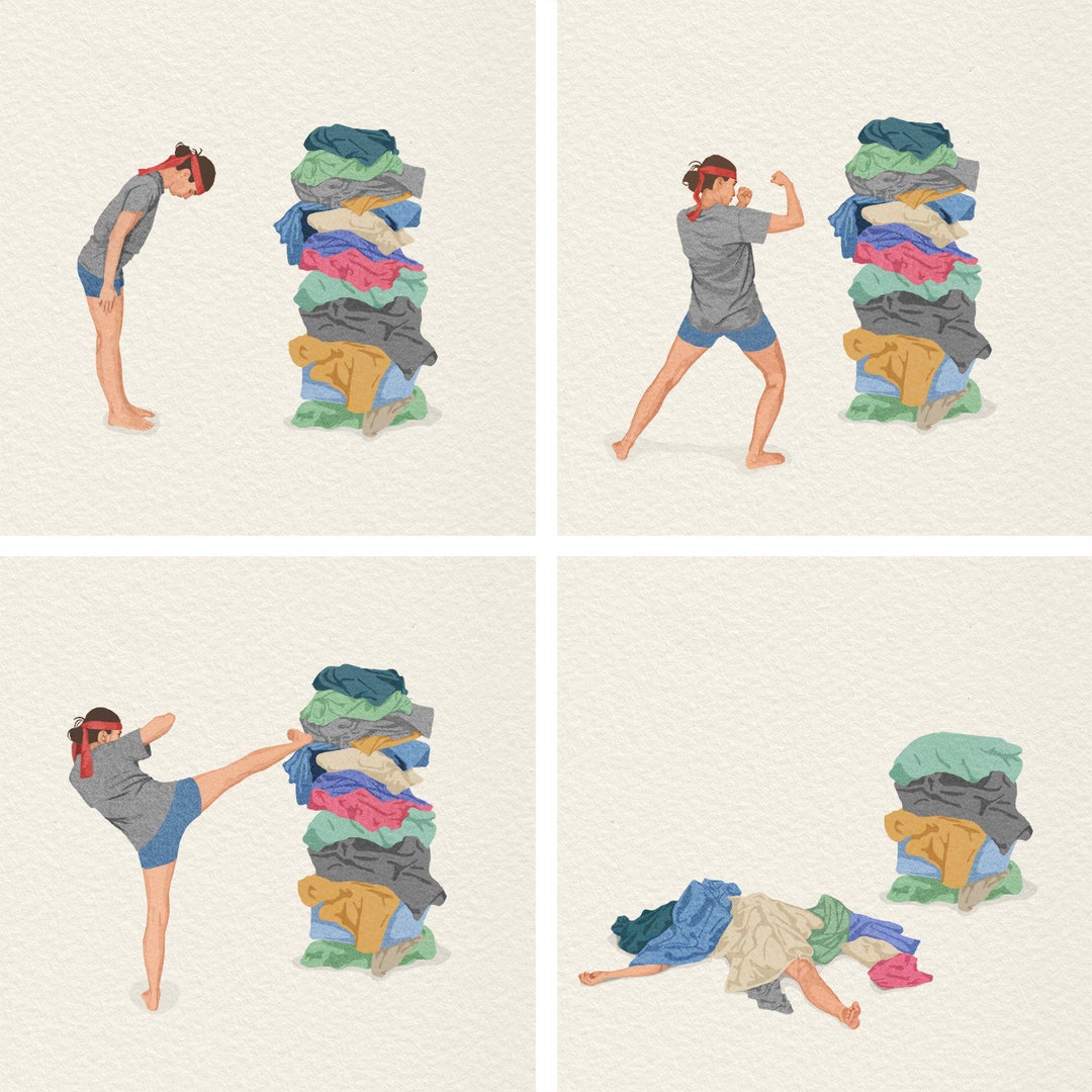 Mom VS Laundry, Funny Laundry Room Art, Folding Laundry Illustration ...