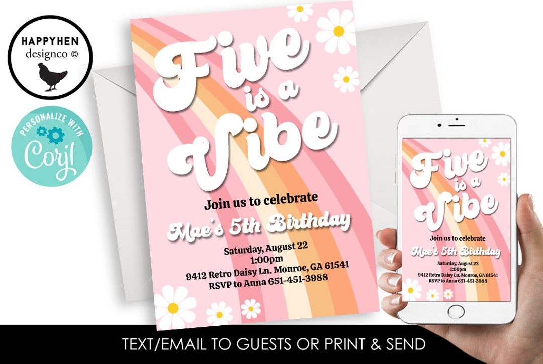 Editable Five is a Vibe Birthday Invitation Hippie Retro 5th Party ...