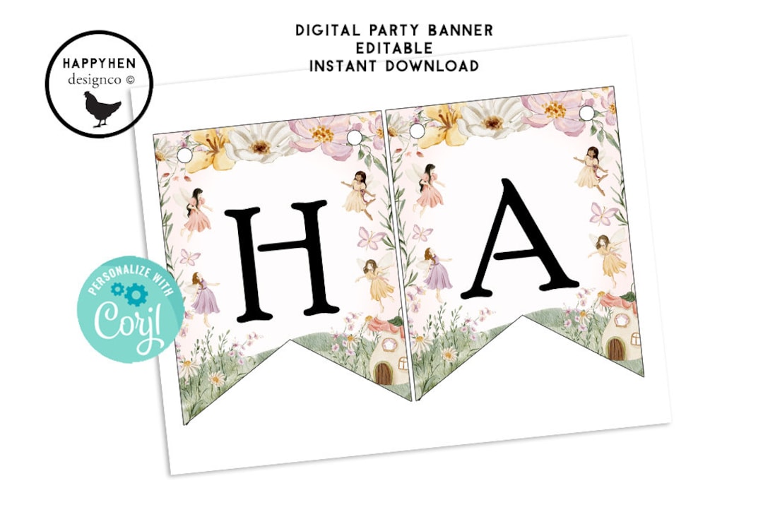 Editable Fairy Birthday Banner Party Watercolor Fairies Girls Digital ...