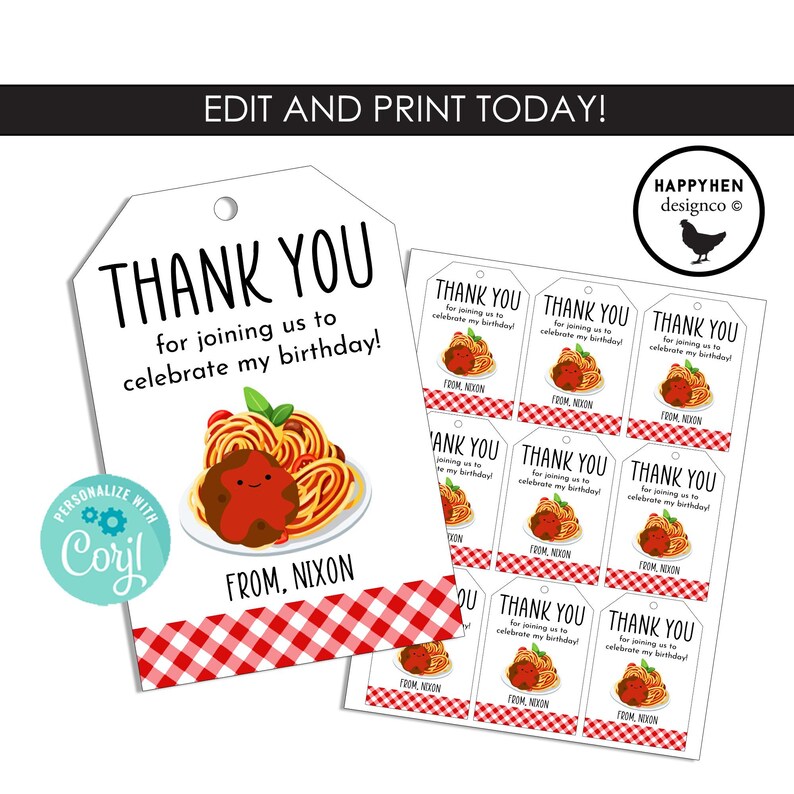 Editable Meatball Favor Tags Digital Instant Download Birthday Thank ...