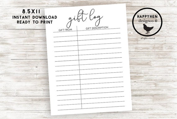 Gift Log Sheet Digital Instant Download 8.5x11 Printable | Etsy