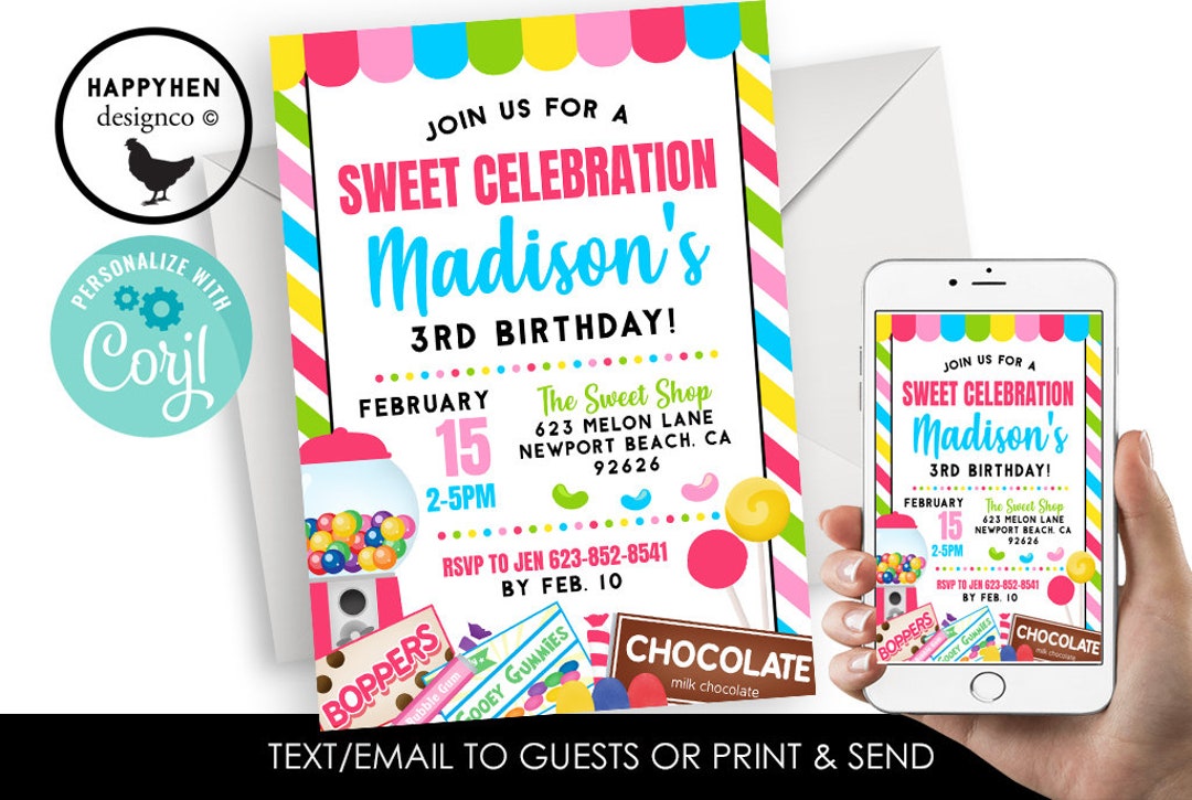 Editable Candy Invite Invitation Birthday Party Digital 5x7 Candyland ...