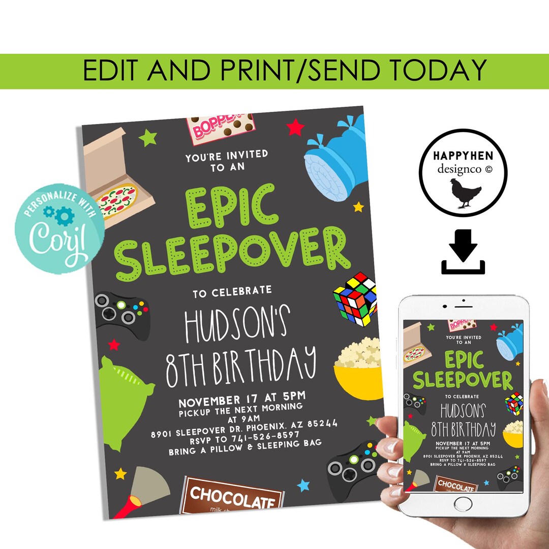 Editable Sleepover Invitation Boys Invite Birthday Party Digital 5x7 ...