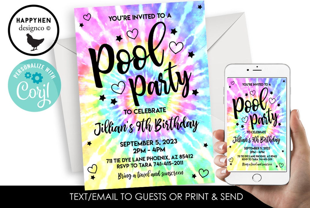 Editable Pool Party Invitation Tie Dye Girls Kids Birthday Party ...