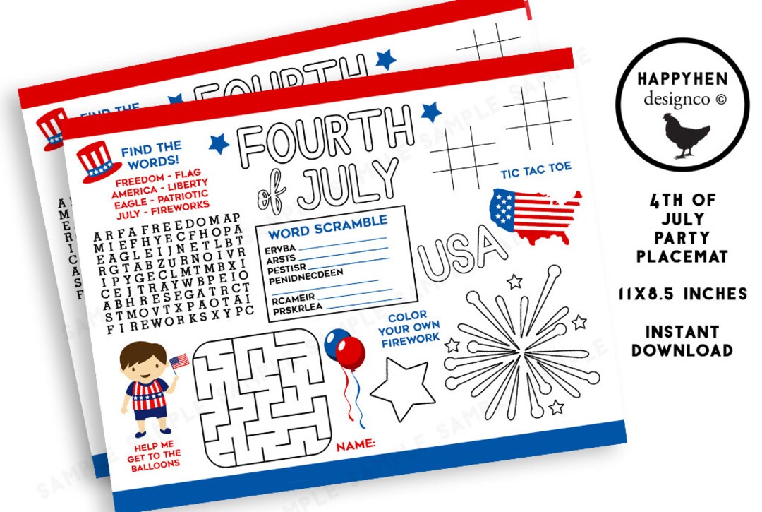 4th of July Placemat Activity Coloring Page Digital 11x8.5 Kids Party ...