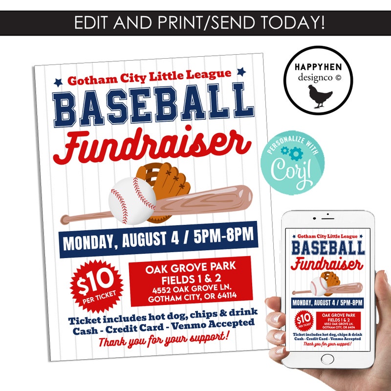 Baseball Fundraiser Editable Flyer - Etsy