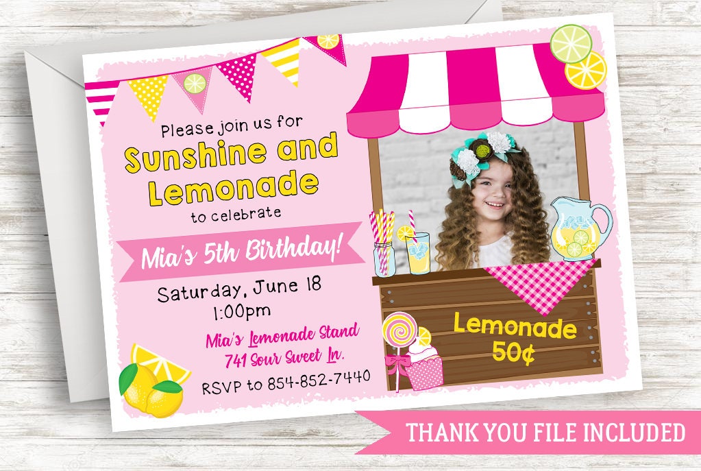 Pink Lemonade Stand Photo Invite Invitation Birthday Kids Any | Etsy