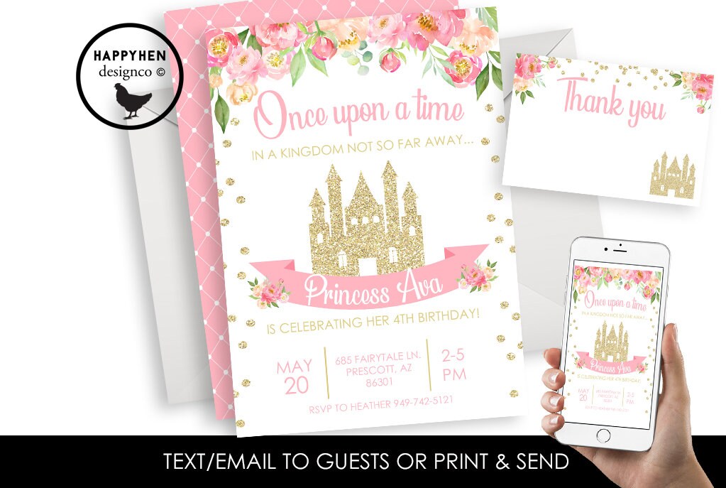 Princess Birthday Invitation Invitation Digital 5X7 Glitter Gold Pink ...