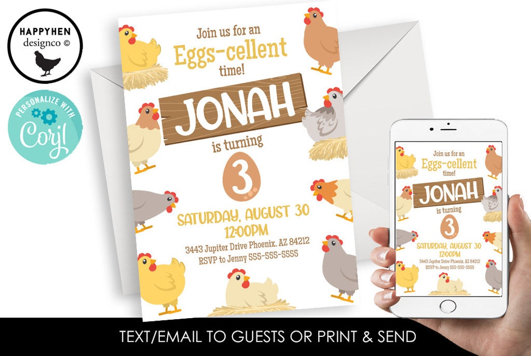 Editable Chicken Birthday Invitation Invite Digital 5x7 Chickens Farm ...