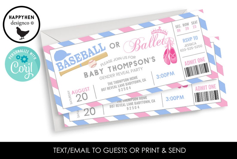 Editable Baseball Ballet Gender Reveal Invitation Invite Party 7x3 Pink ...