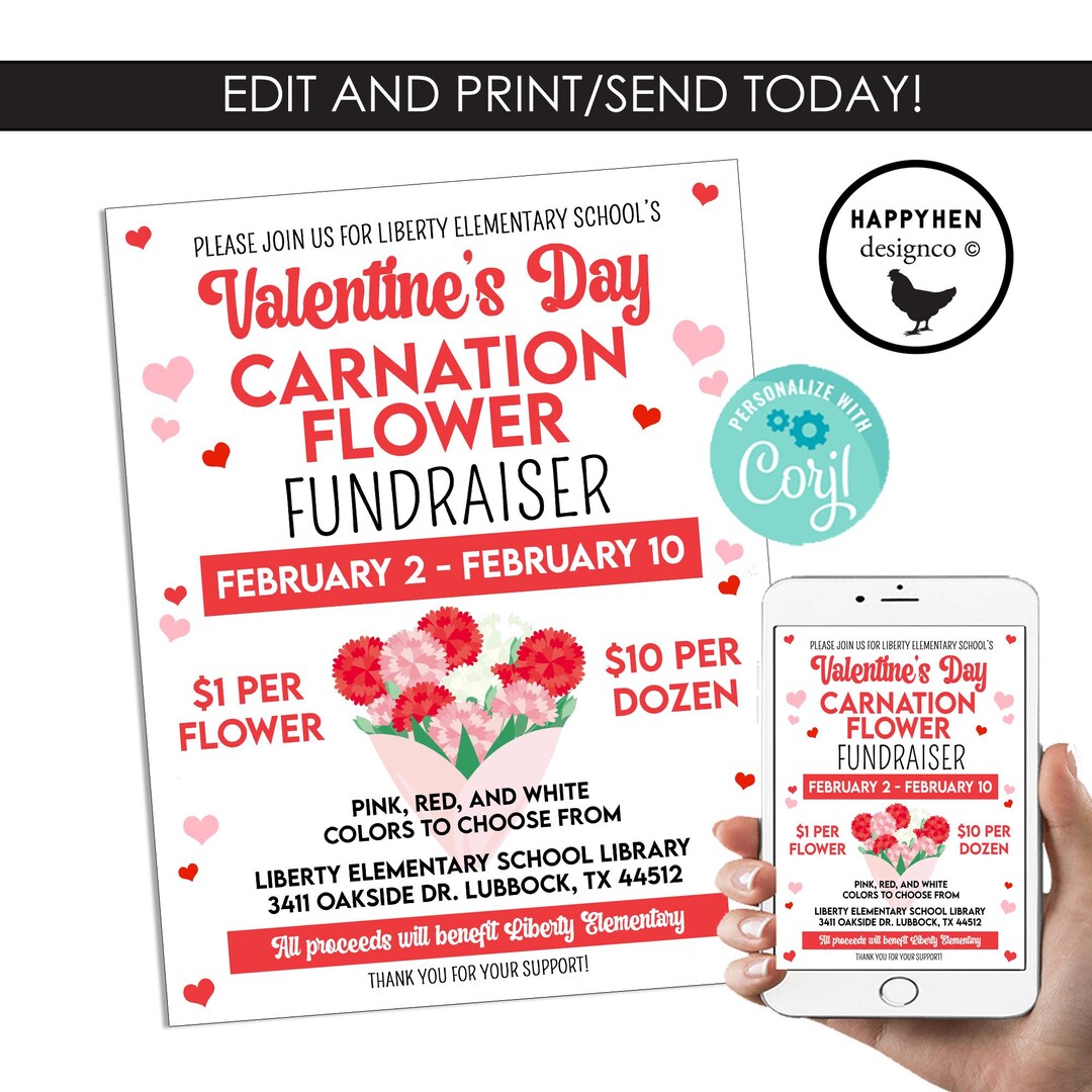 EDITABLE Valentine's Day Carnation Flower Fundraiser Flyer Template 8 ...