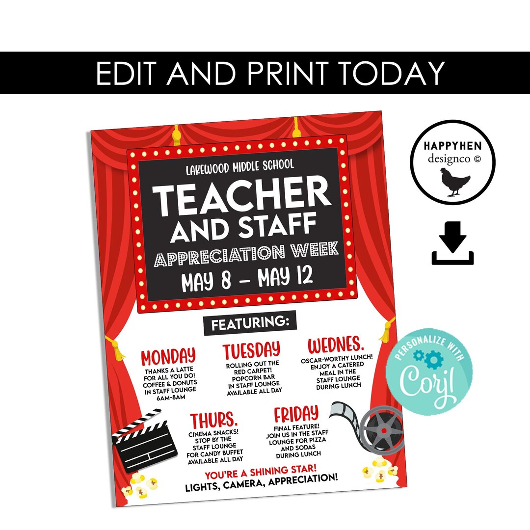 Editable Teacher Appreciation Week Flyer Template Movie Theater Cinema ...