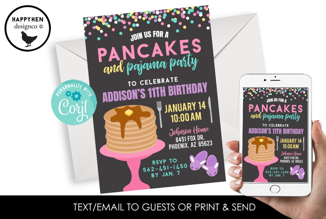 Editable Pancake Pajama Invitation Invite Digital Birthday 5x7 Girls ...