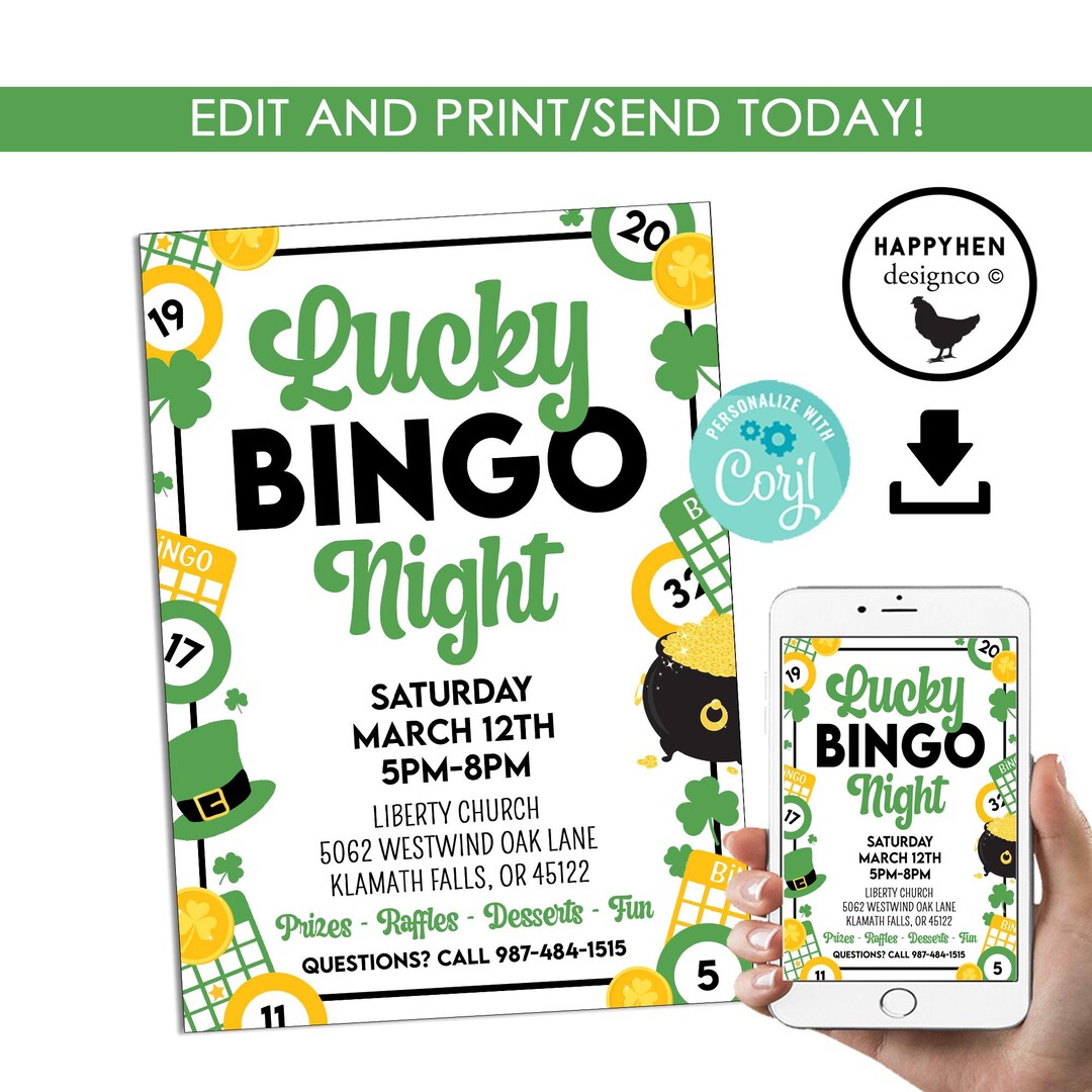 Editable St Patrick's Day Bingo Night Party Invite Invitation Template ...