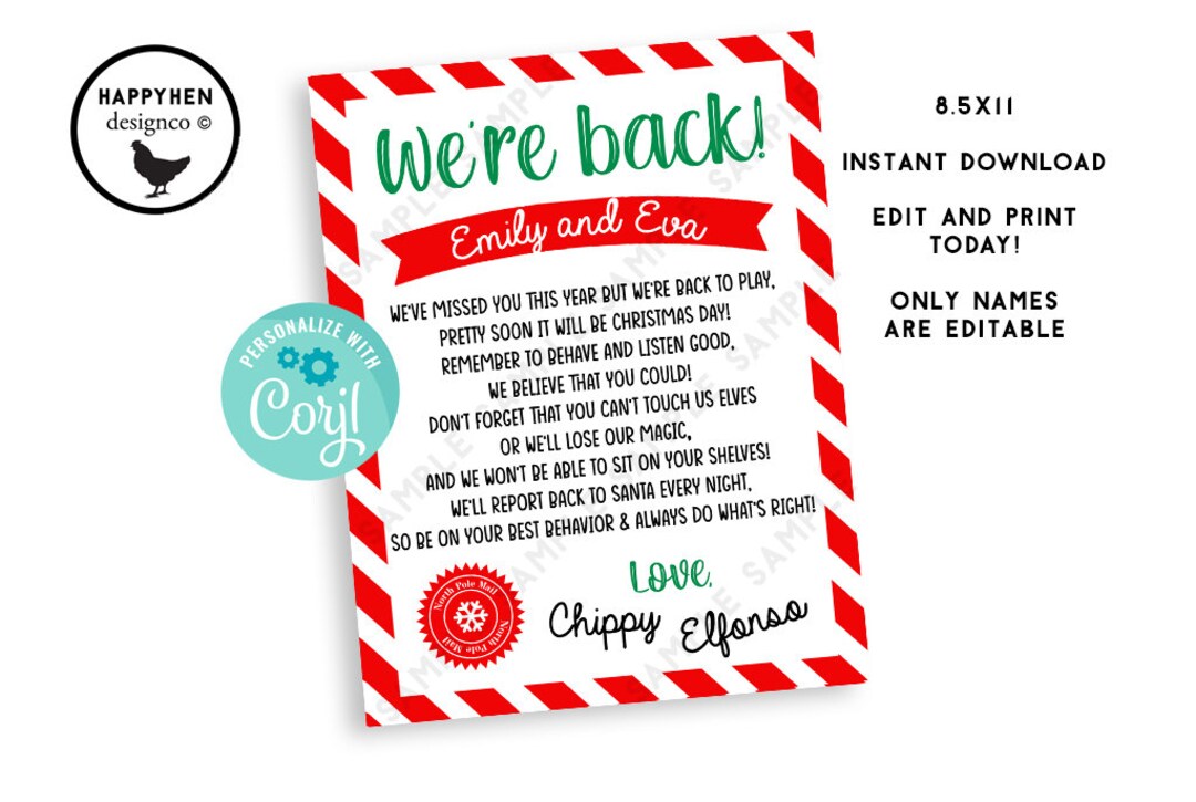 Editable We're Back Elf Note Welcome Back Letter Digital Kids North ...