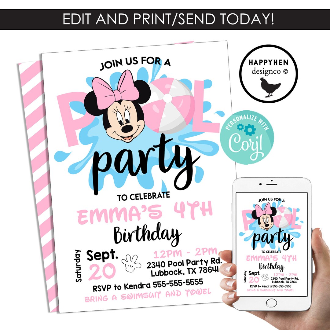 Editable Minnie Pool Party Birthday Kids Invitation 5x7 Digital ...