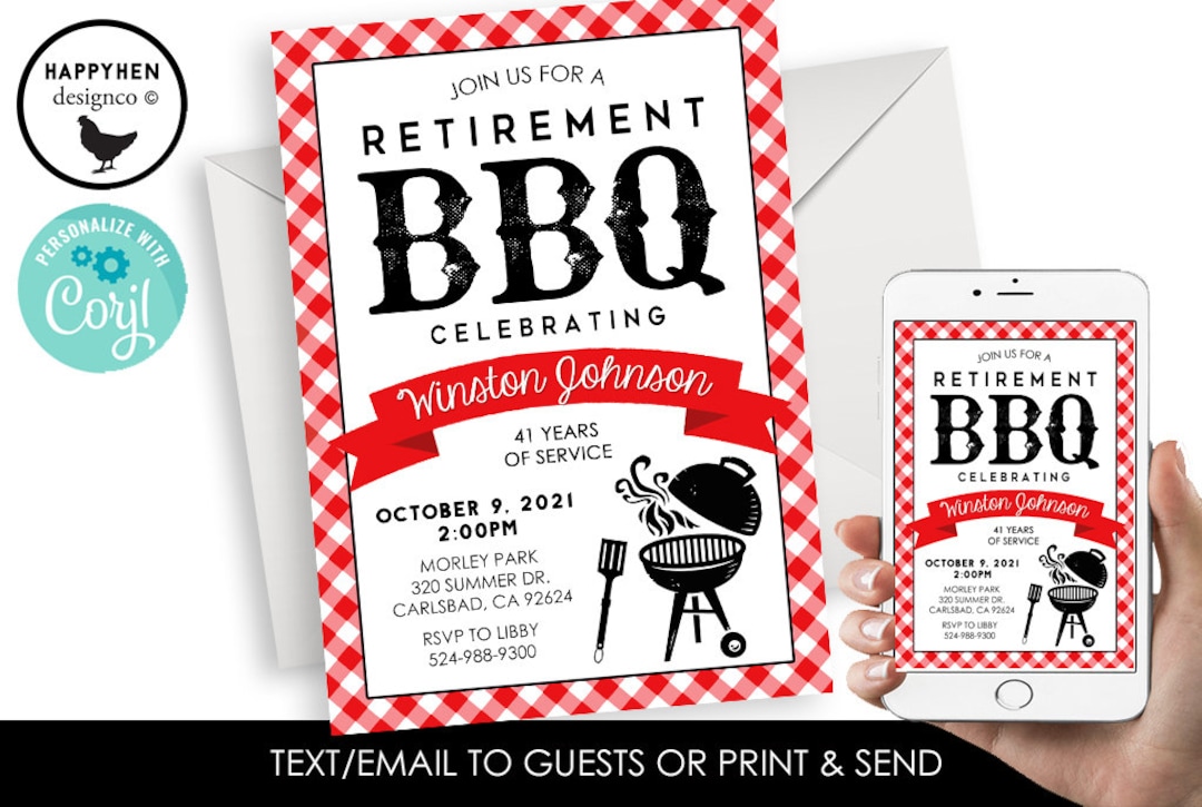 Editable Retirement BBQ Invitation Invite Digital 5x7 Men Grill Chill ...