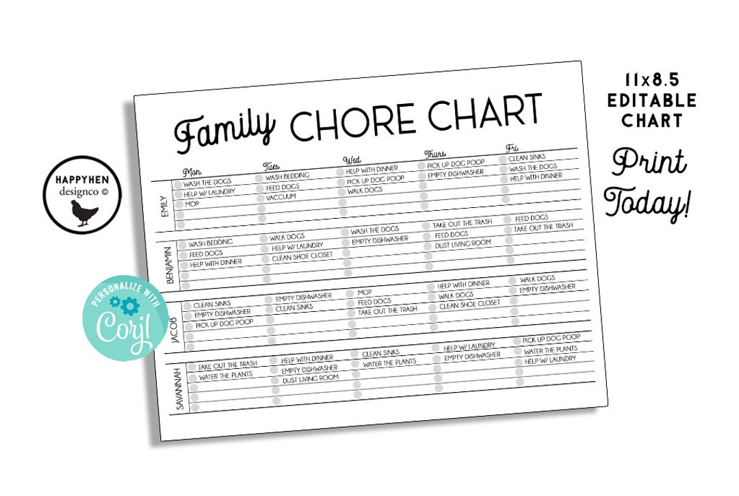 Editable Family Chore Chart Weekly Simple Modern Digital 11x8.5 Instant ...