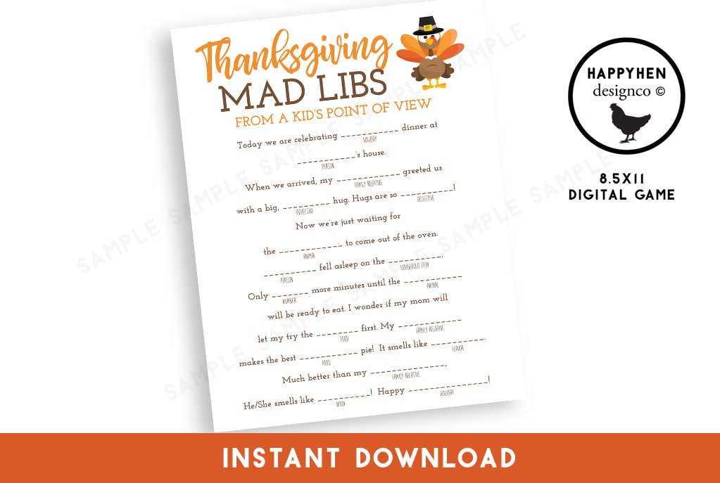 Thanksgiving Game Mad Libs Printable Kids Activity Page Digital 8.5x11 ...