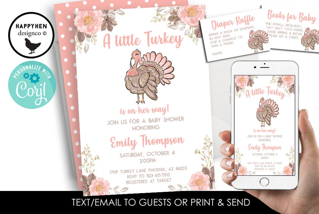 Editable Girl Turkey Baby Shower Invitation Fall Invite Digital 5x7 ...