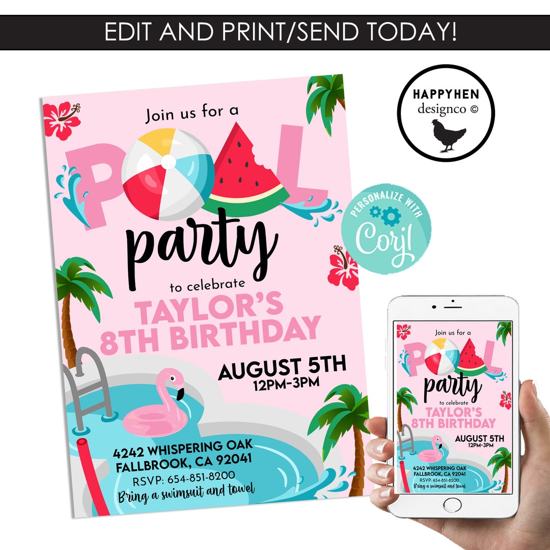 Editable Girls Pool Party Invitation Invite Kids Splash Pink Birthday ...