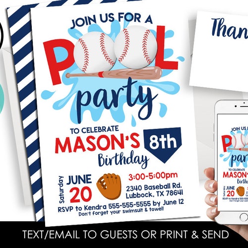 Editable Baseball Pool Party Invitation Invite Digital 5x7 - Etsy