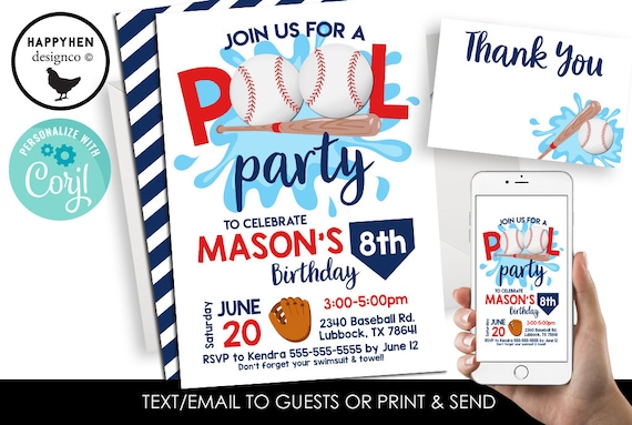Editable Baseball Pool Party Invitation Invite Digital 5x7 - Etsy