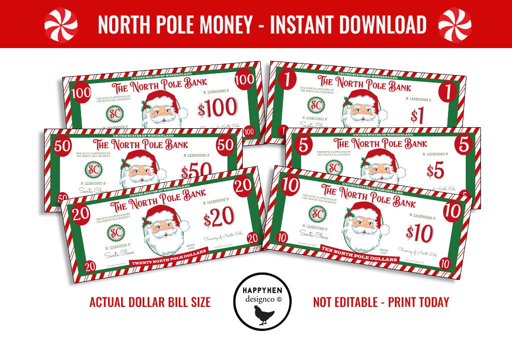 Printable Christmas Money Digital North Pole Dollar Bill Kids Santa ...