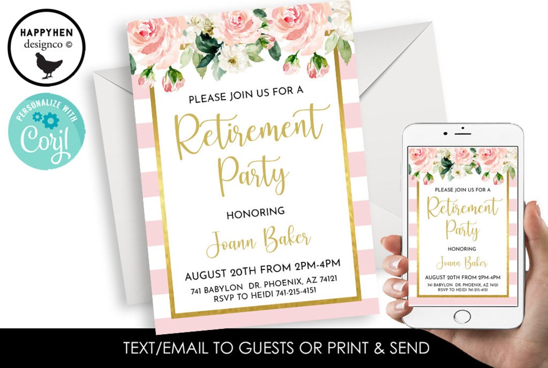 Editable Retirement Invitation Invite Gold Party Brunch Stripes ...