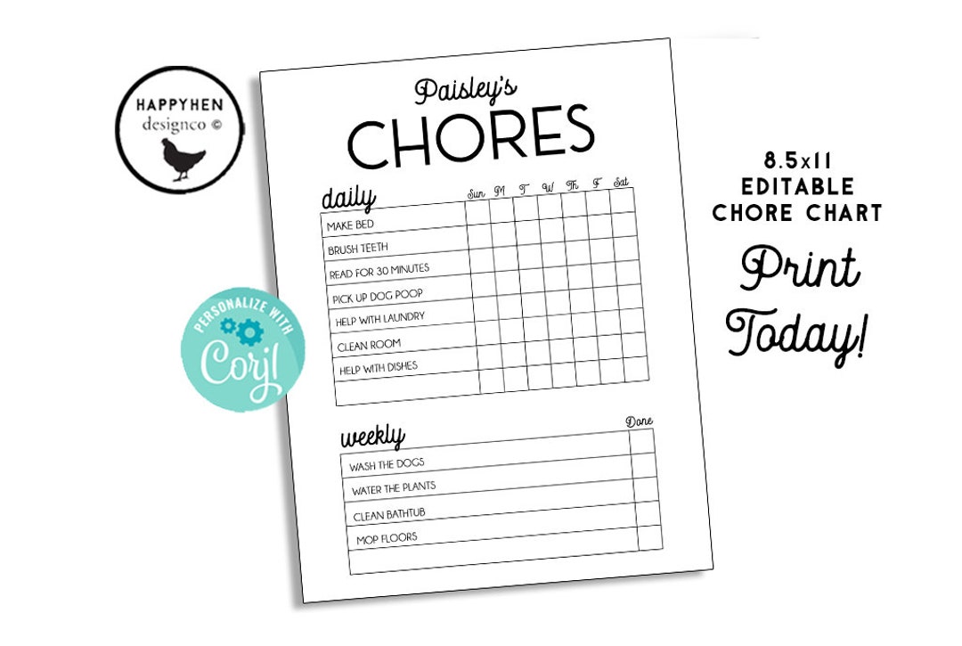 Editable Chore Chart Simple Modern Black White 8.5x11 Digital Template ...