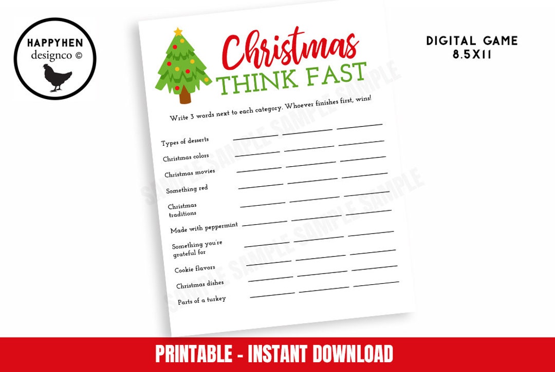 Christmas Game Think Fast Printable Games Instant Download Holiday ...