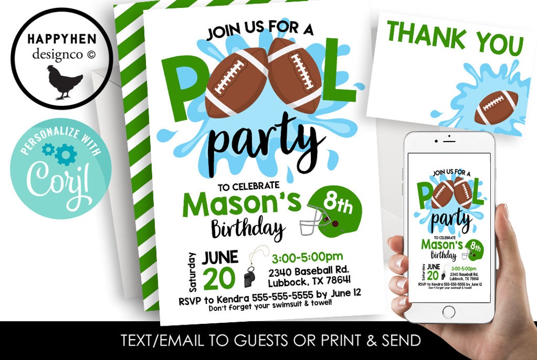 Editable Football Pool Party Invite Invitation Kids Birthday Digital ...