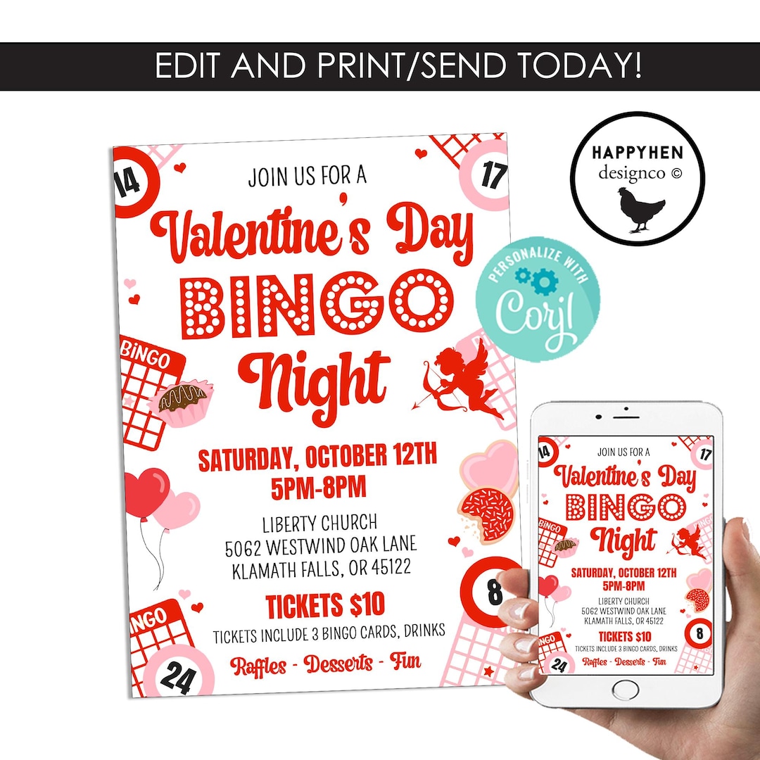 Editable Valentine's Day Bingo Template Invite Invitation Digital 5x7 ...