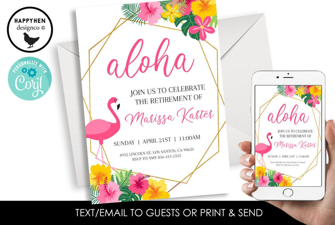 Editable Aloha Retirement Invite Invitation Digital Luau Party ...