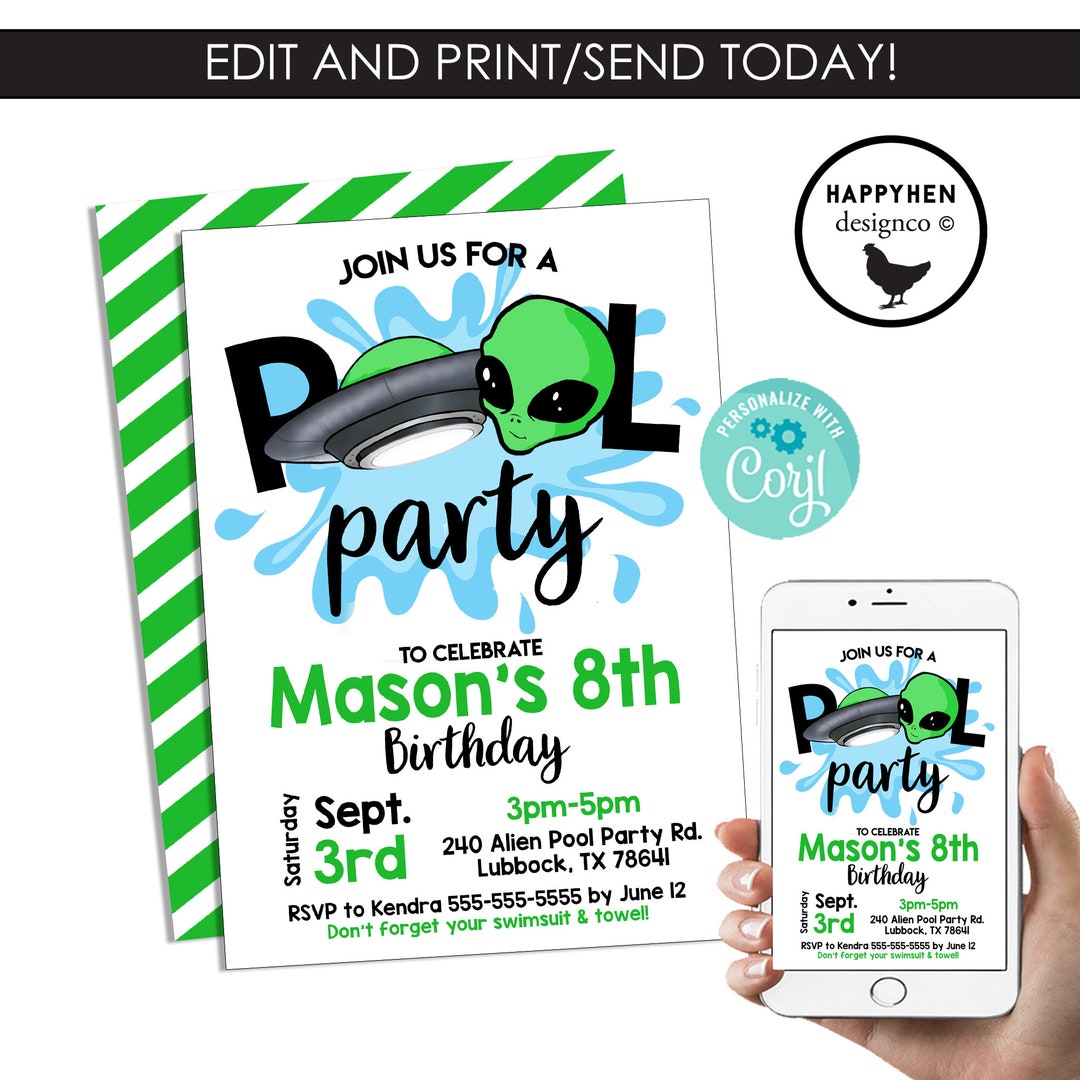 Editable Alien Pool Party Invitation Birthday Invite Digital Instant ...