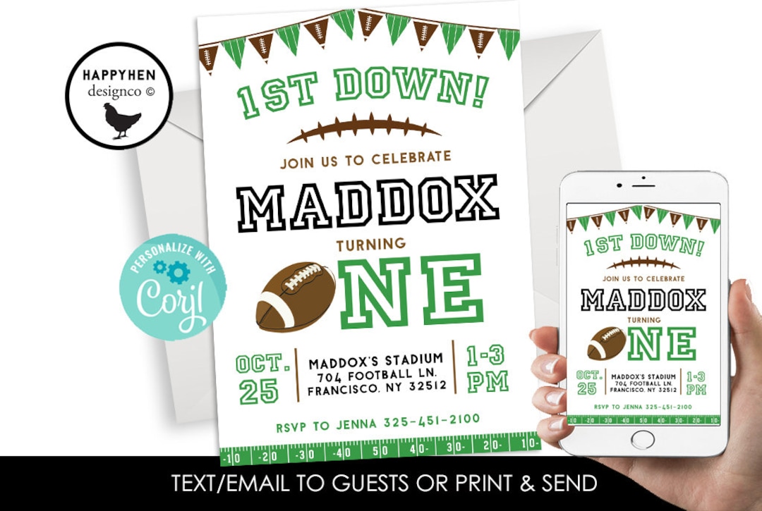 Editable Football 1st Birthday Invite Invitation Party First Digital ...