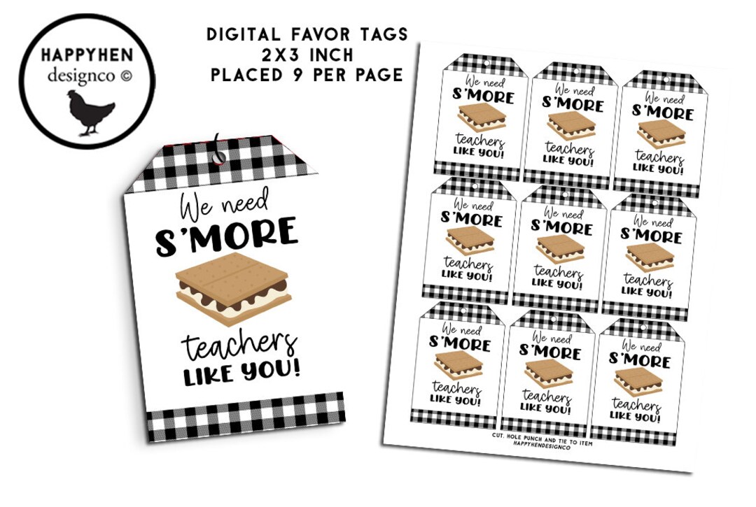 Teacher S'more Gift Tags Printable Digital Teachers Favor Tag Thank You ...