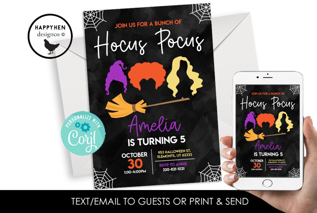 Editable Hocus Pocus Birthday Invitation Bundle Invite Set Digital 5x7 ...