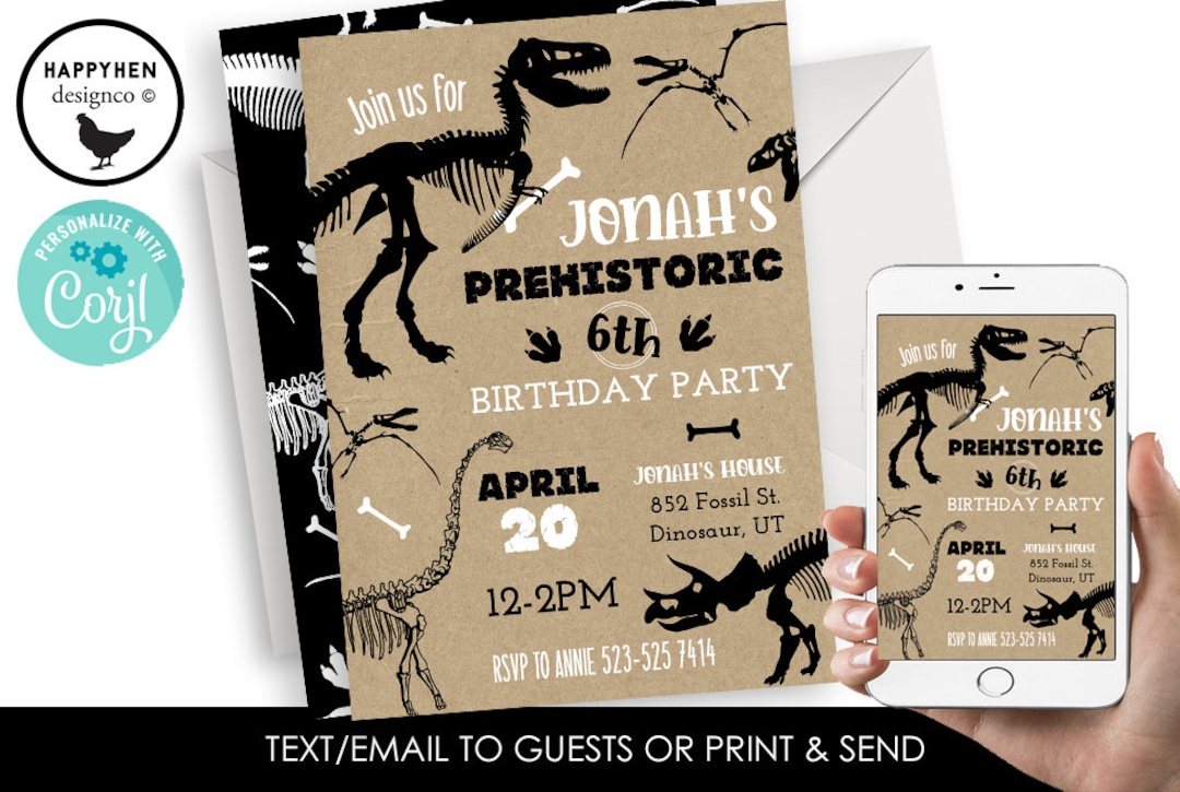 Editable Dinosaur Invitation Invite Birthday Party Kids Prehistoric ...