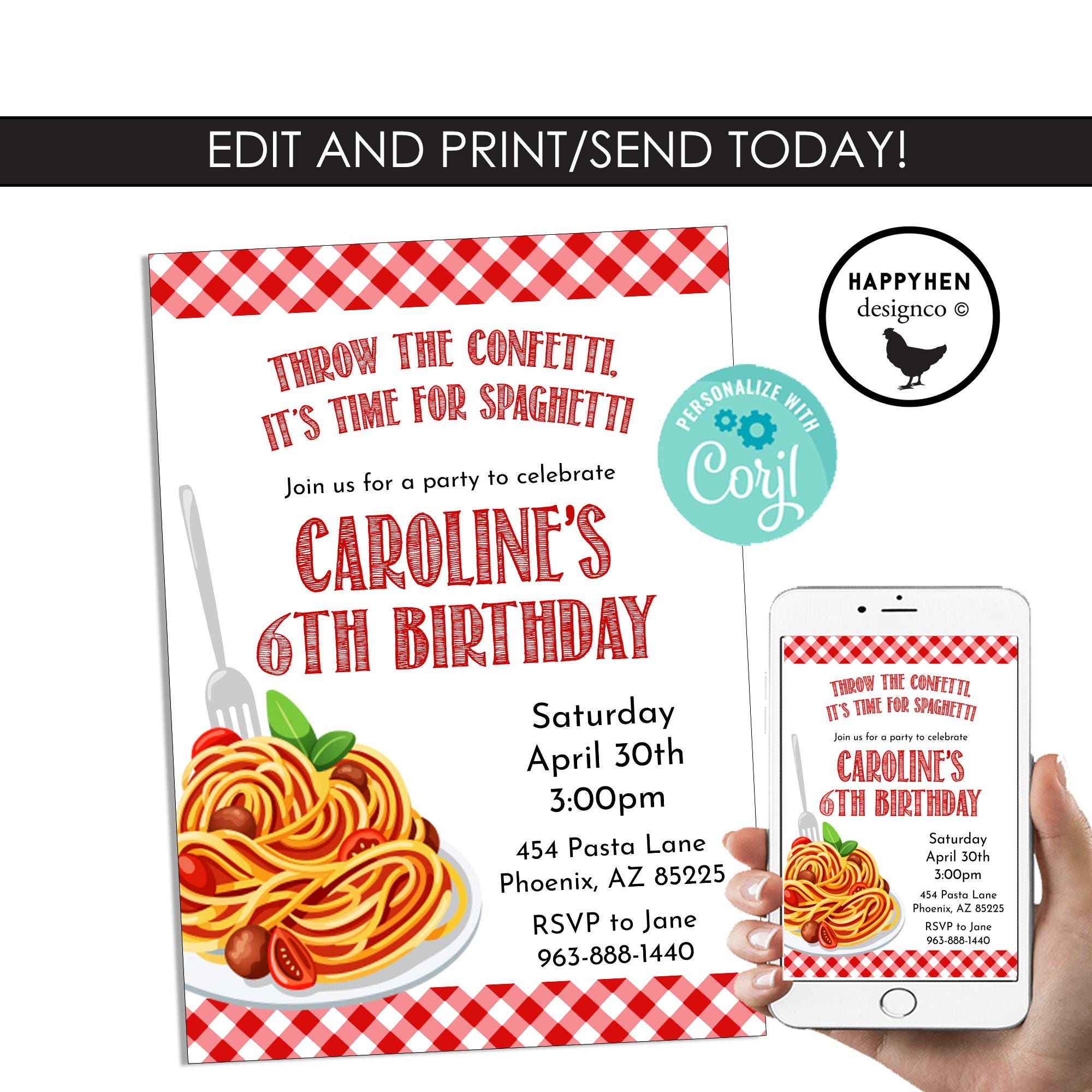 Editable Spaghetti Birthday Invitation Invite Digital 5x7 Pasta Kids ...