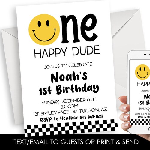 EDITABLE ONE Happy Dude Smiley Face 1st Birthday First - Etsy