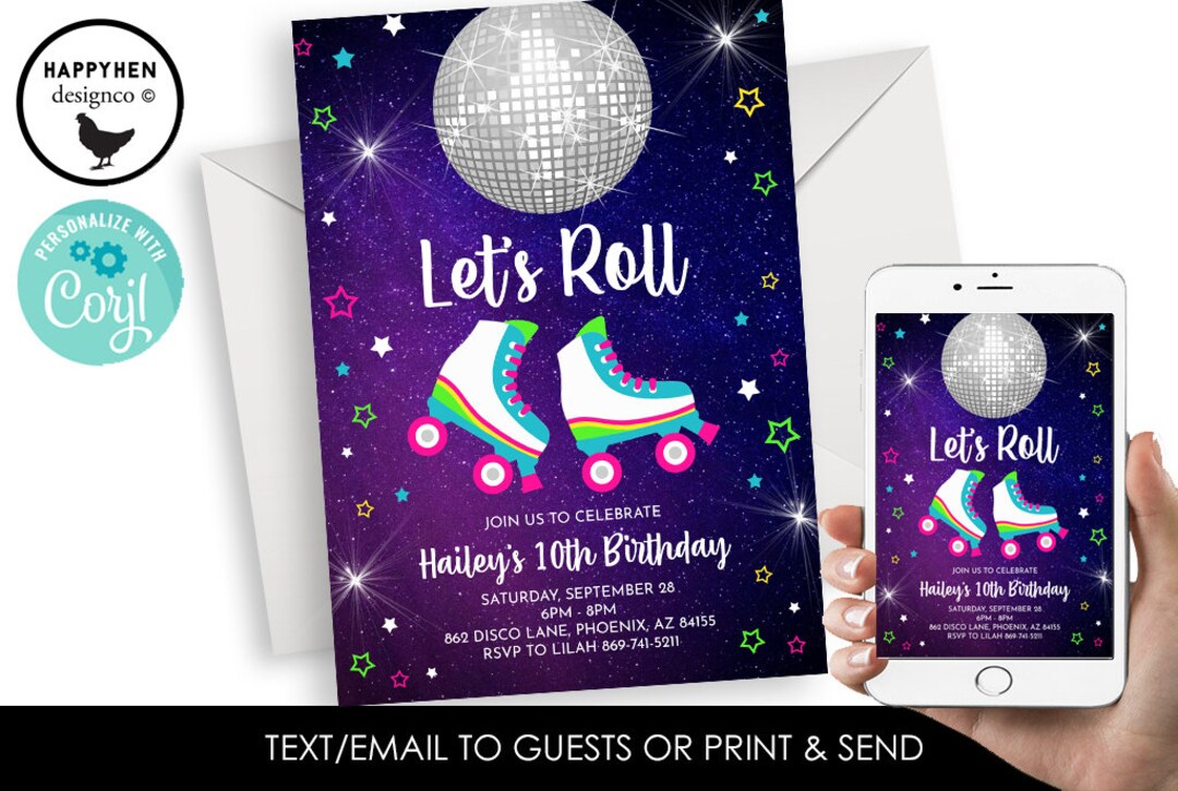 Editable Rollerskating Birthday Invitation Invite Digital 5x7 Disco ...