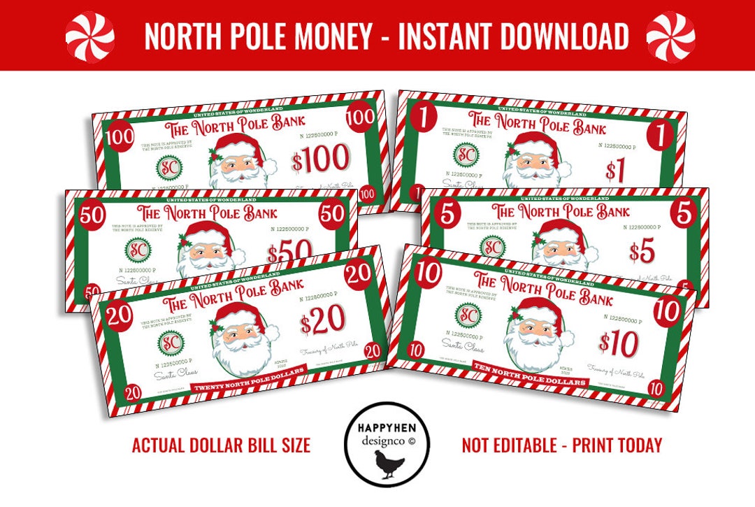 Printable Christmas Money Digital North Pole Dollar Bill Kids Santa ...