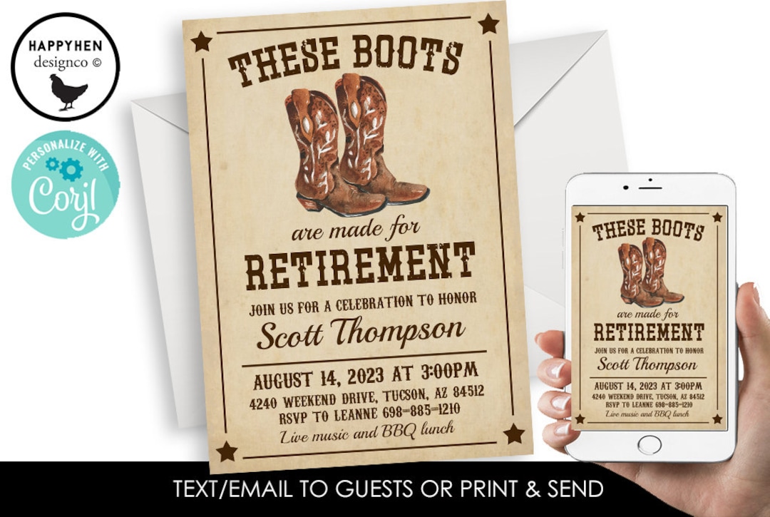 Editable Boots Retirement Invitation Party Invite Digital 5x7 Country ...