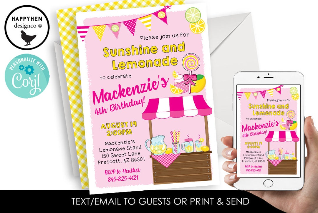 Editable Pink Lemonade Stand Birthday Invitation Invite Digital 5x7 ...