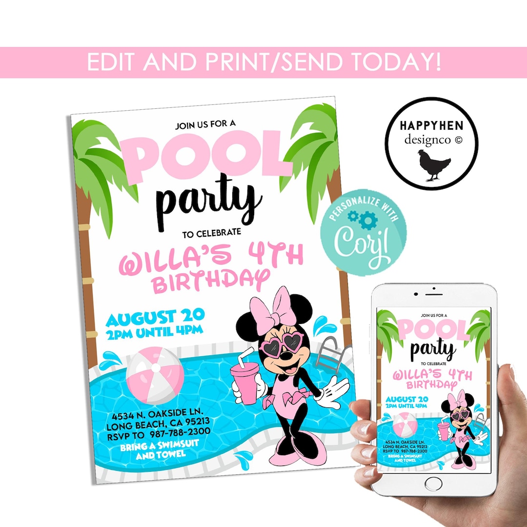 Editable Minnie Mouse Pool Party Invite Invitation Birthday Kids Pink ...