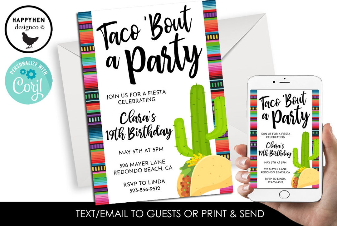 Editable Taco Bout A Party Invite Invitation Digital 5x7 Fiesta ANY AGE ...