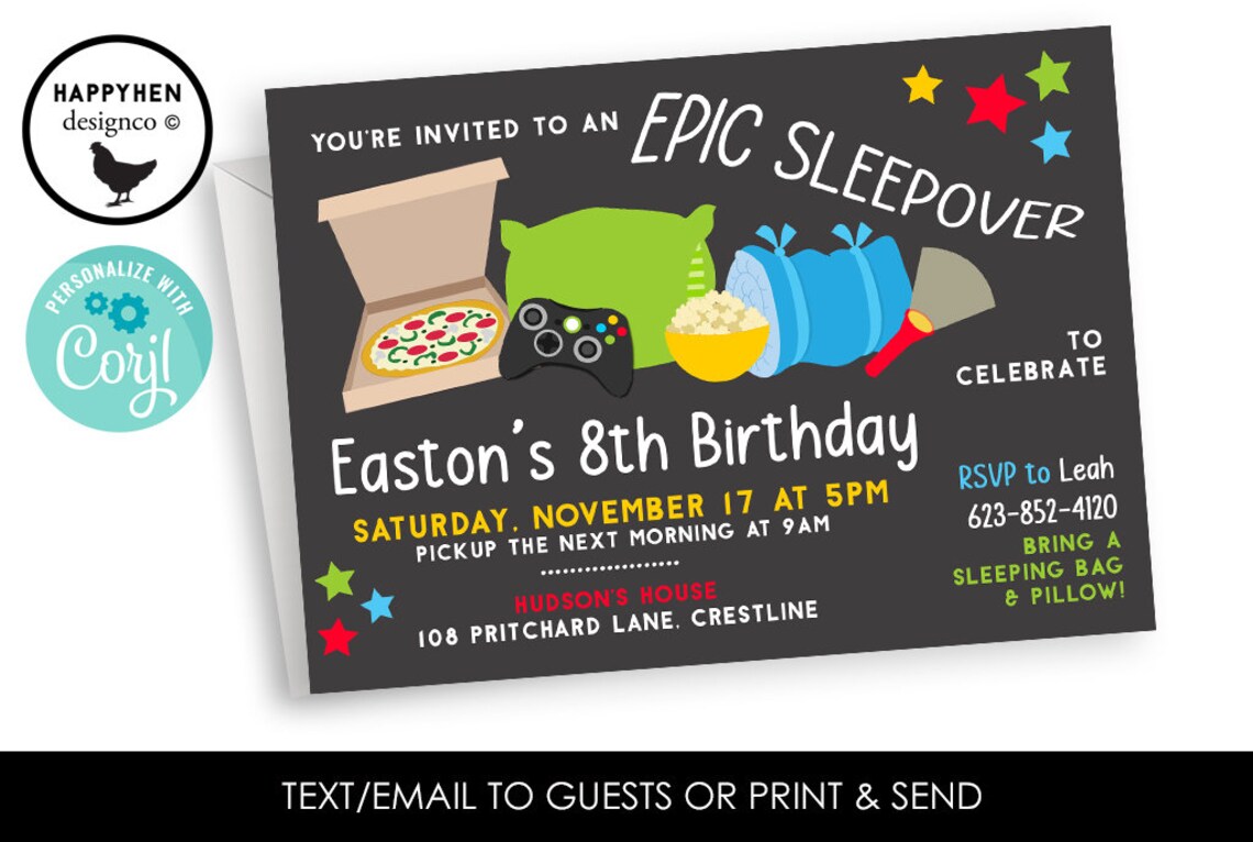 Editable Boys Sleepover Invite Invitation Birthday Slumber Party 7x5 ...