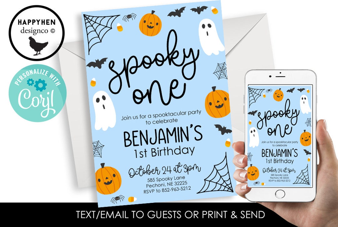 Editable Spooky One Invitation Birthday Halloween Blue Boy 1st Invite ...